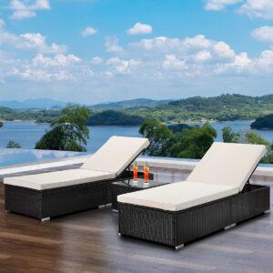 sleerway outdoor rattan chaise lounge set with side table, patio furniture set reclining chair with cushions and adjustable backrest, pe wicker chairs for pool, garden and seaside (set of 3)