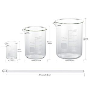 Ackers Boro3.3,Griffin Low Form Scientific Glass Beaker Set-25ml,50ml,100ml,200ml,250ml,400ml,500ml,1000 mL (Pack of 8) 丨4 Stirring Rods