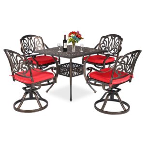 titimo 5-piece outdoor dining patio set, all-weather cast aluminum furniture set includes 4 swivel rocker chairs with cushions and 35.4" square table with umbrella hole for yard garden deck (red)