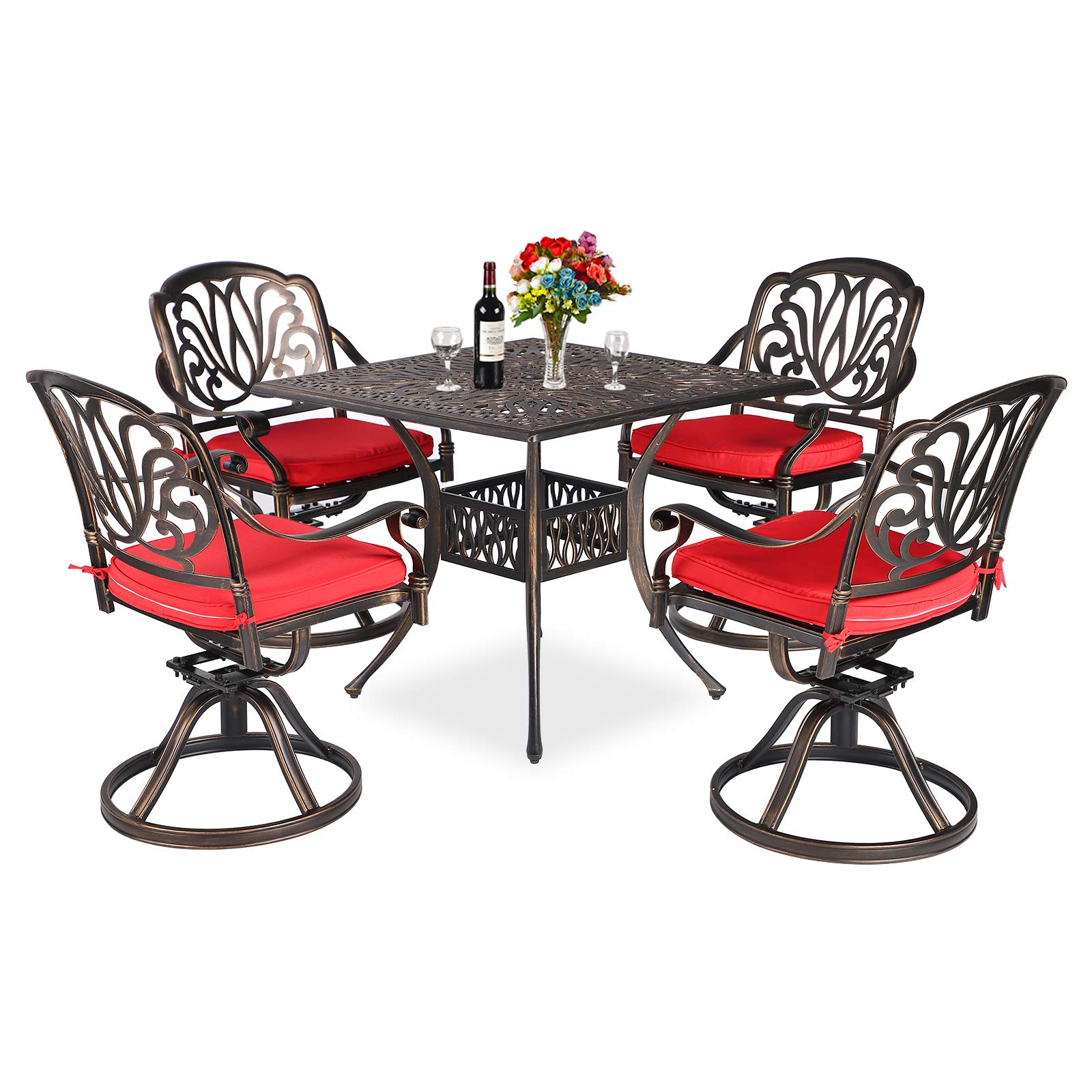 TITIMO 5-Piece Outdoor Dining Patio Set, All-Weather Cast Aluminum Furniture Set Includes 4 Swivel Rocker Chairs with Cushions and 35.4" Square Table with Umbrella Hole for Yard Garden Deck (Red)