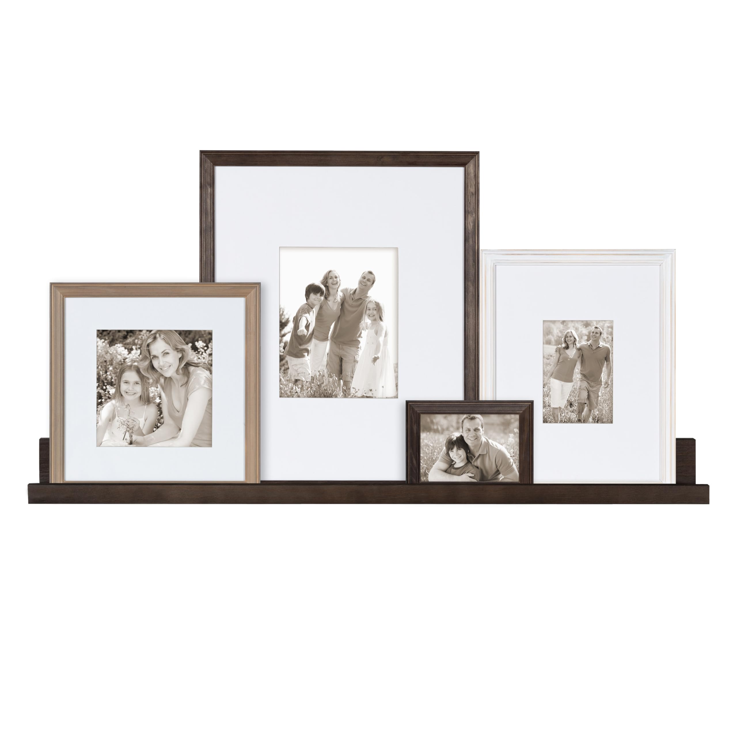 Kate and Laurel Bordeaux Gallery Floating Shelf and Wall Frame Kit, Set of 5, Multiple Finishes, Assorted Size Wooden Frames and Display Shelf