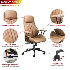 ovios High Back Ergonomic Home Office Chair with Lumbar Support, Mid-Century Modern Suede Leather Chair with Swivel Rolling Wheels, Comfy Executive Computer Task Chair, Brown