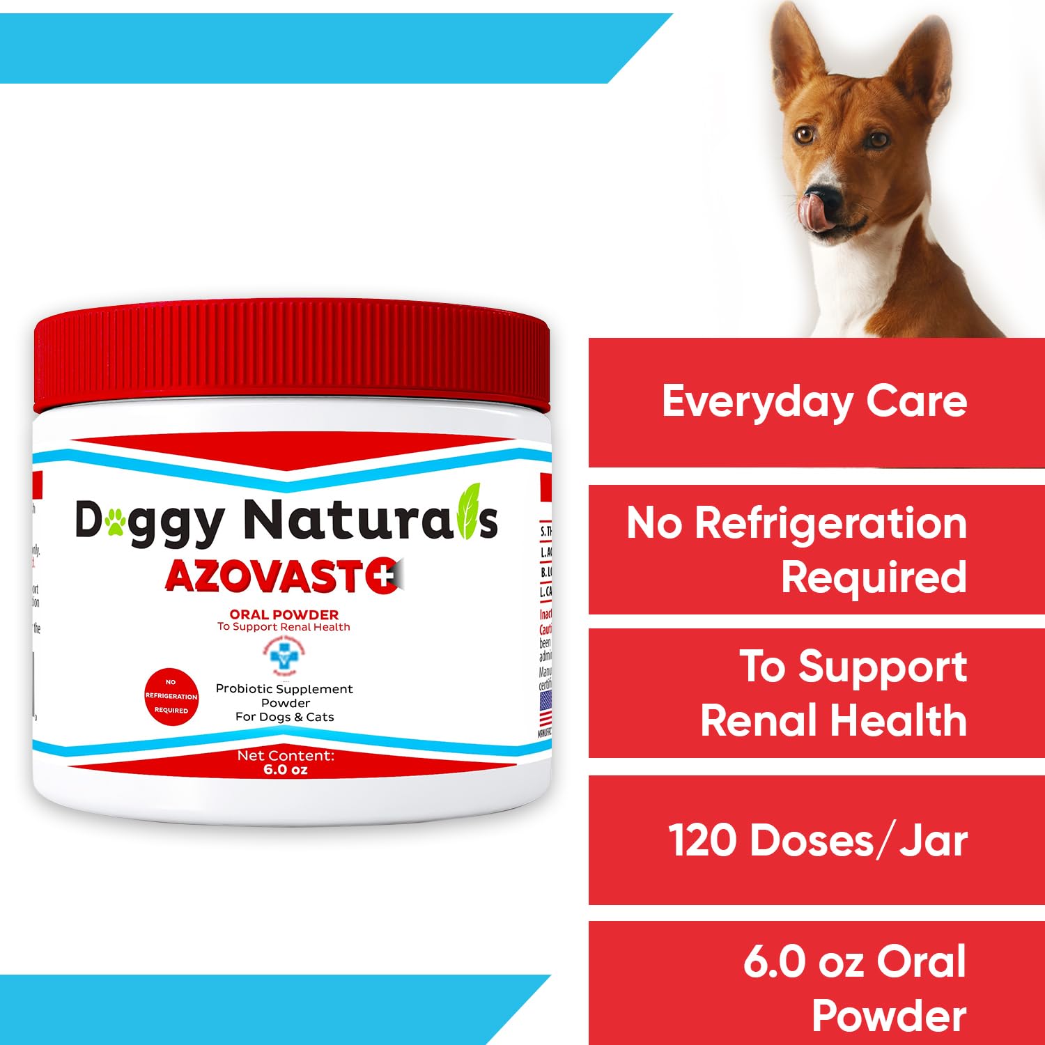 Azovast Plus Kidney Health Supplement for Dogs & Cats, Oral Powder (6 Oz) - (120 Doses/Jar) NO Refrigeration Required - Help Support Kidney Function & Manage Renal Toxins (Made in U.S.A) (6 Oz)