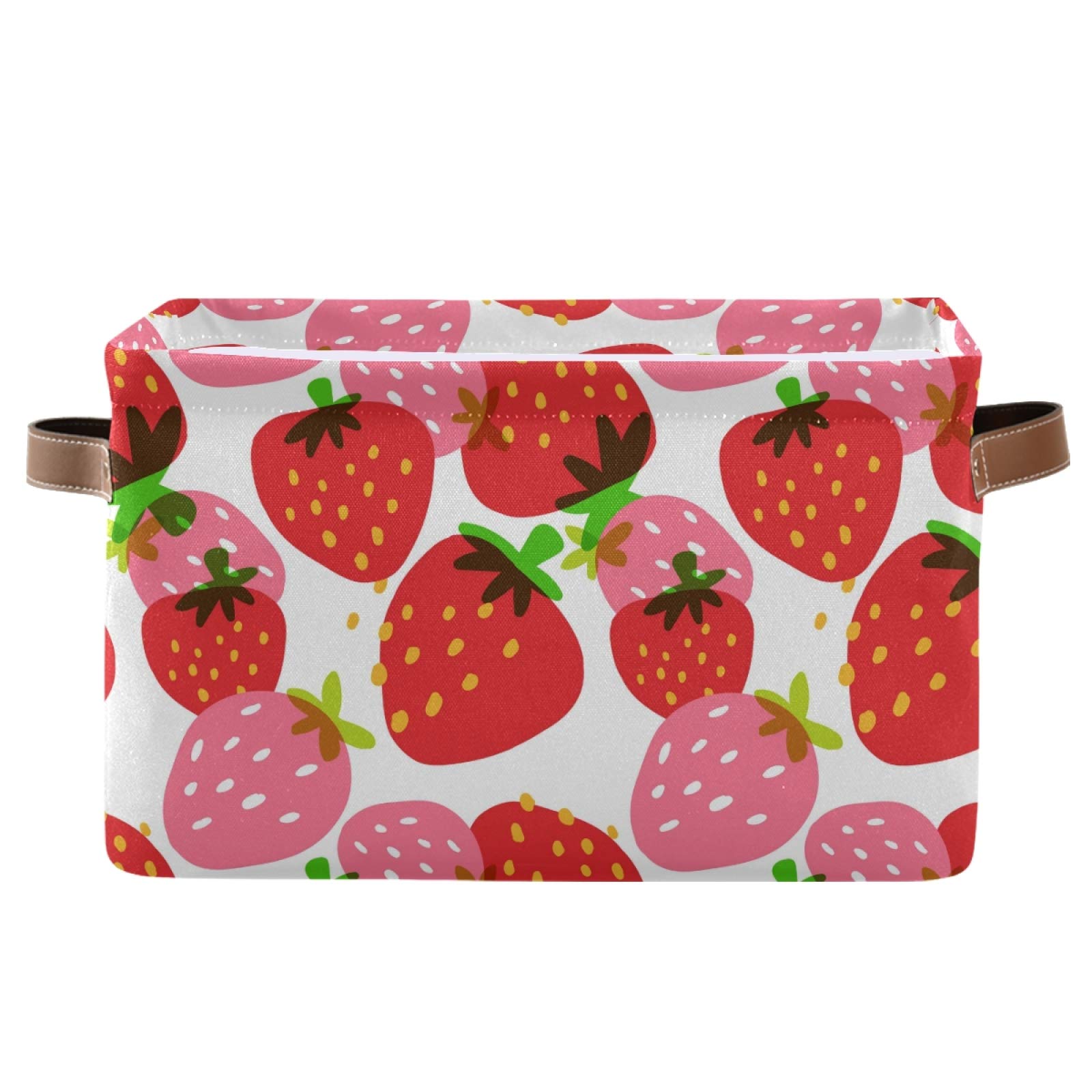 susiyo Large Foldable Storage Bin Cute Cartoon Strawberry Fabric Storage Baskets Collapsible Decorative Baskets Organizing Basket Bin with PU Handles for Shelves Home Closet Bedroom Living Room-2Pack