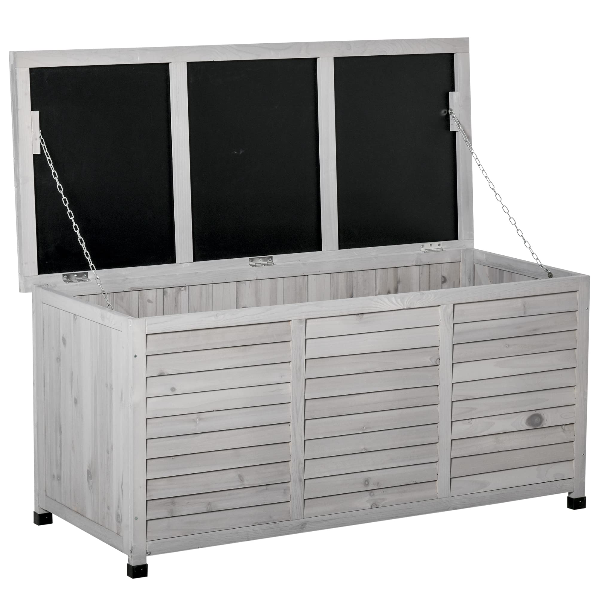 Outsunny 75 Gallon Wooden Deck Box, Outdoor Storage Container with Aerating Gap & Weather-Fighting Finish, Grey