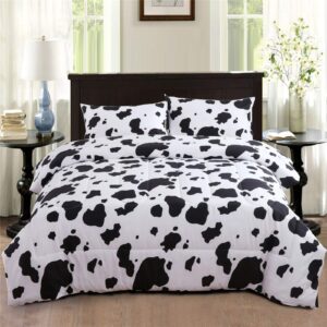 perfemet cow print bedding comforter set queen size black and white reversible geometric checkered bedding set for kids teens boys girls rustic animal cowhide pattern bed quilt set