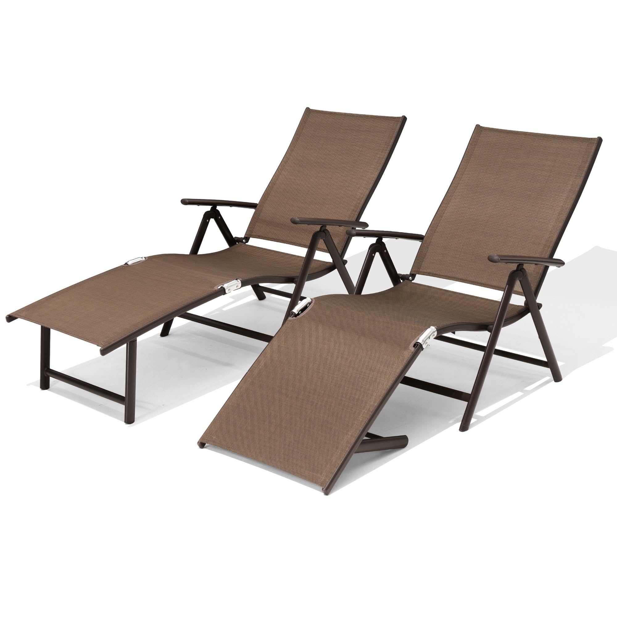 VredHom 2PCS Patio Chaise Lounge Outdoor Adjustable Folding Lounge Chair Recliner with 8 Adjustable Backrest Positions for Pool Beach Yard, Brown Textliene and Brown Aluminum Frame