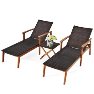 tangkula 3 pieces outdoor chaise set, wicker rattan lounge chair w/acacia wood frame, 4 adjustable positions patio wicker lounge set & foldable side table, suitable for lawn, backyard (mix brown)