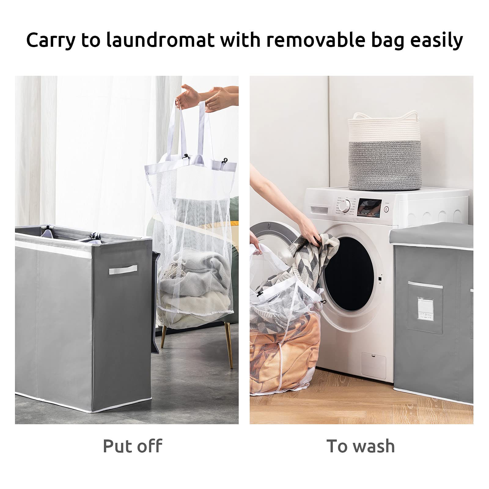 Fiona's magic Double Laundry Hamper with Lid, Clothes Laundry Basket with 2 Removable Liner Bags, Divided Laundry Hamper 2 Section for Bedroom, Laundry Room, Bathroom Black & Grey