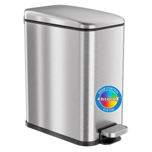 itouchless softstep 1.3 gallon small slim bathroom trash can with removable inner bucket & absorbx odor filter, stainless steel, 5 liter garbage step bin, bathroom, bedroom, business office cubicle