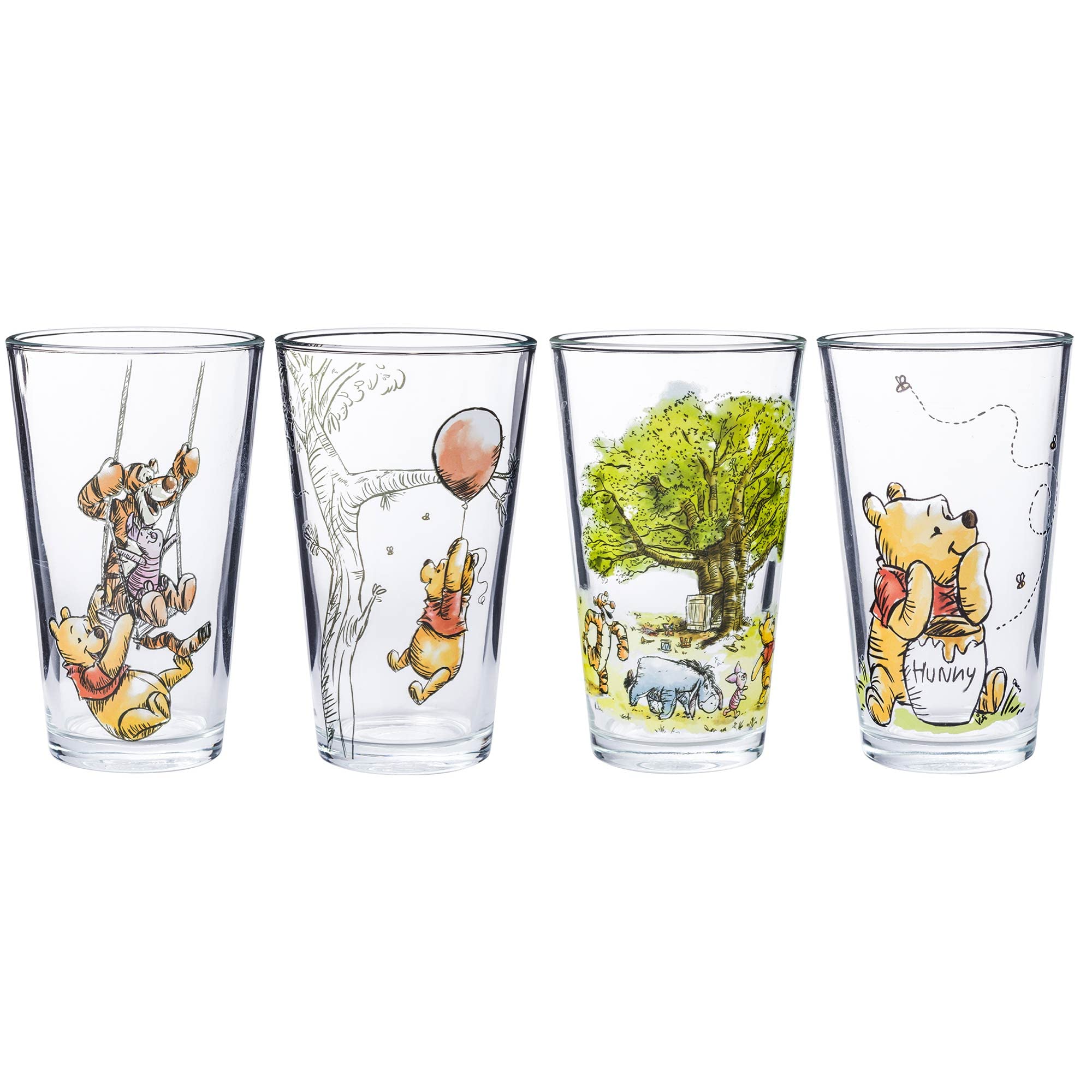 Silver Buffalo Disney's Winnie the Pooh Painted Scenes 4pc Pint Glass Set, 16 Ounces