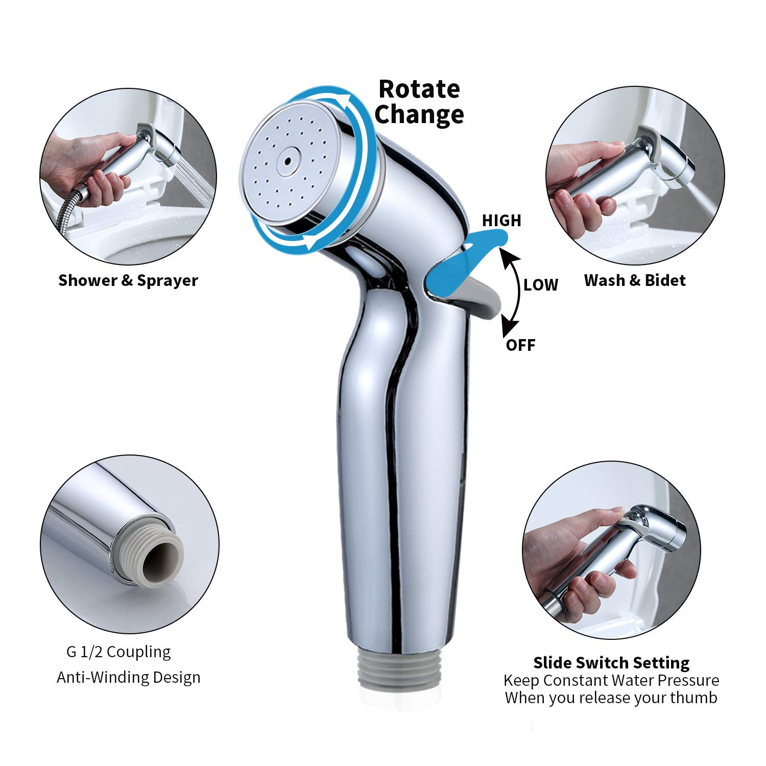 Timewill Handheld Bidet Sprayer for Toilet, Baby Cloth Diaper Sprayer Kit with 2 Water Flow Sprayers, Muslim Shower, Butt Cleaner, Dog Shower Sprayer