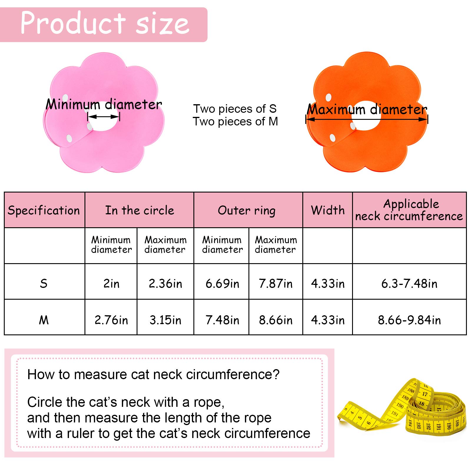 4 Pieces Cat Recovery Collar Cat Cones Flower Shape Pet Wound Healing Neck Collars Adjustable Soft Elizabethan Collars for Kitten Cats Puppy Rabbits S/M Size (Pink and Orange)