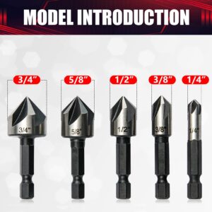 wesleydrill 5 pcs Countersink Drill Bit Set，82 Degree Counter Sink， Fit for Sink Holes into Most Machinable Metals, Plywood, Softwood, Hardwood, Fiberglass Plastic, Mild Steel