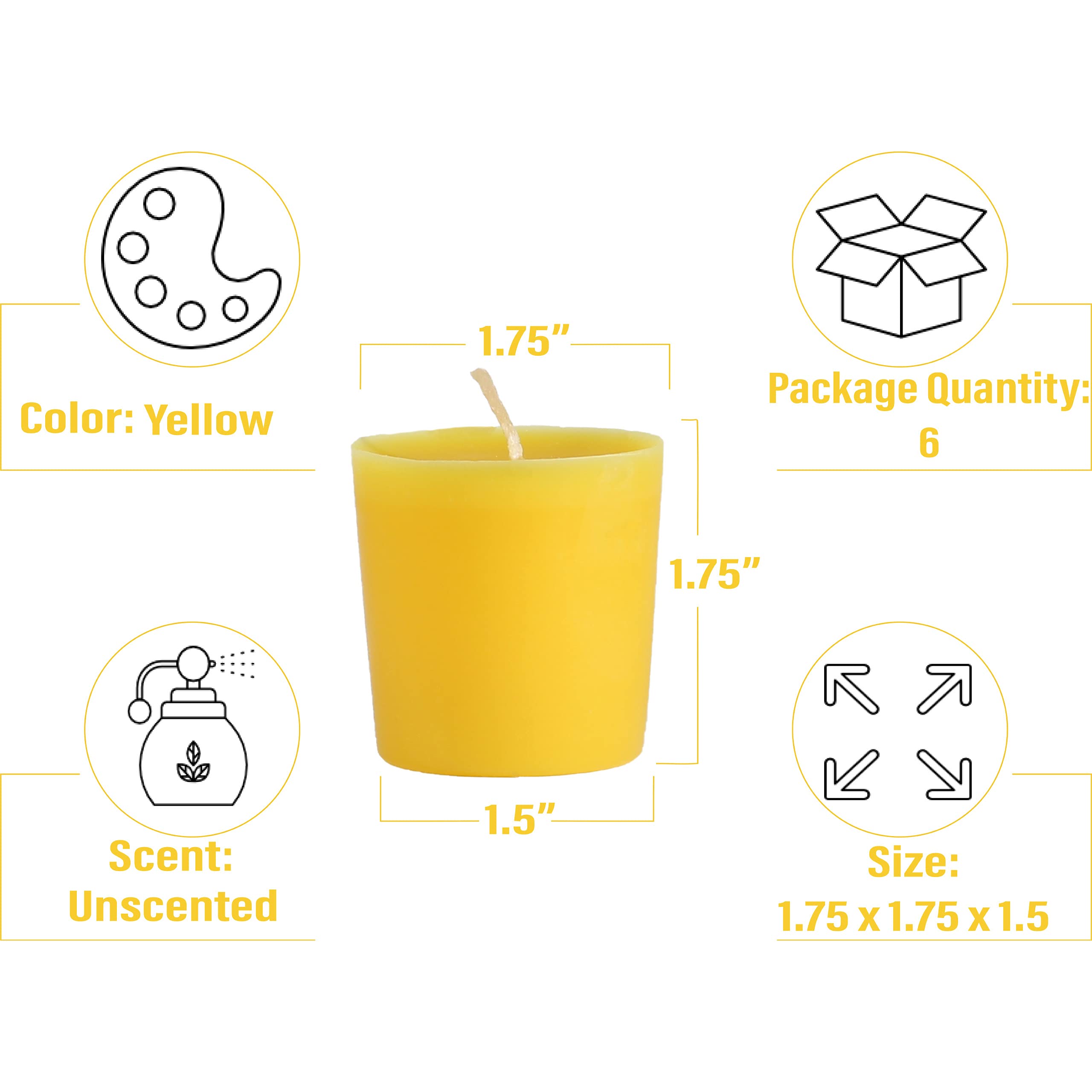 CandleNScent Yellow Votive Candles | Unscented - 15 Hour Burn Time - Made in USA (Pack of 6)