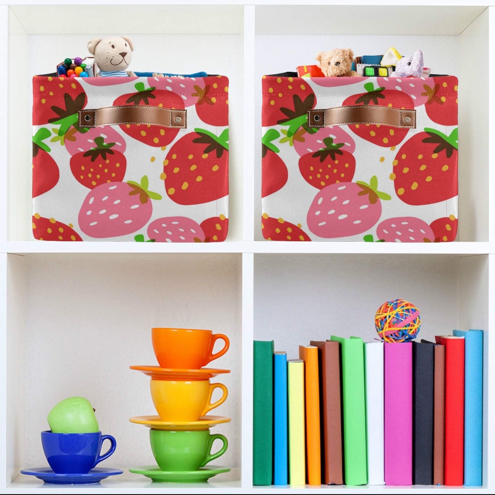 susiyo Large Foldable Storage Bin Cute Cartoon Strawberry Fabric Storage Baskets Collapsible Decorative Baskets Organizing Basket Bin with PU Handles for Shelves Home Closet Bedroom Living Room-2Pack