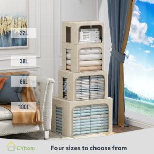 Clothes Storage Bins Box - Linen Fabric Foldable Stackable Container Organizer Set with Clear Window & Carry Handles & Metal Frame - 2Pack Large Capacity for Bedding, Blankets, Books