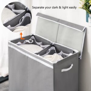 Fiona's magic Double Laundry Hamper with Lid, Clothes Laundry Basket with 2 Removable Liner Bags, Divided Laundry Hamper 2 Section for Bedroom, Laundry Room, Bathroom Black & Grey