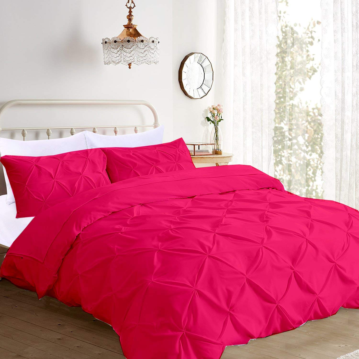 Hot Pink Pintuck Pinch Pleat Pattern Full/Queen Size 100% Cotton 800 TC Duvet Cover Sets Pinch Pleated 3pc Duvet Cover Set Zipper & Corner Ties Rectangle Pattern Decorative Pintuck Pillow Shams