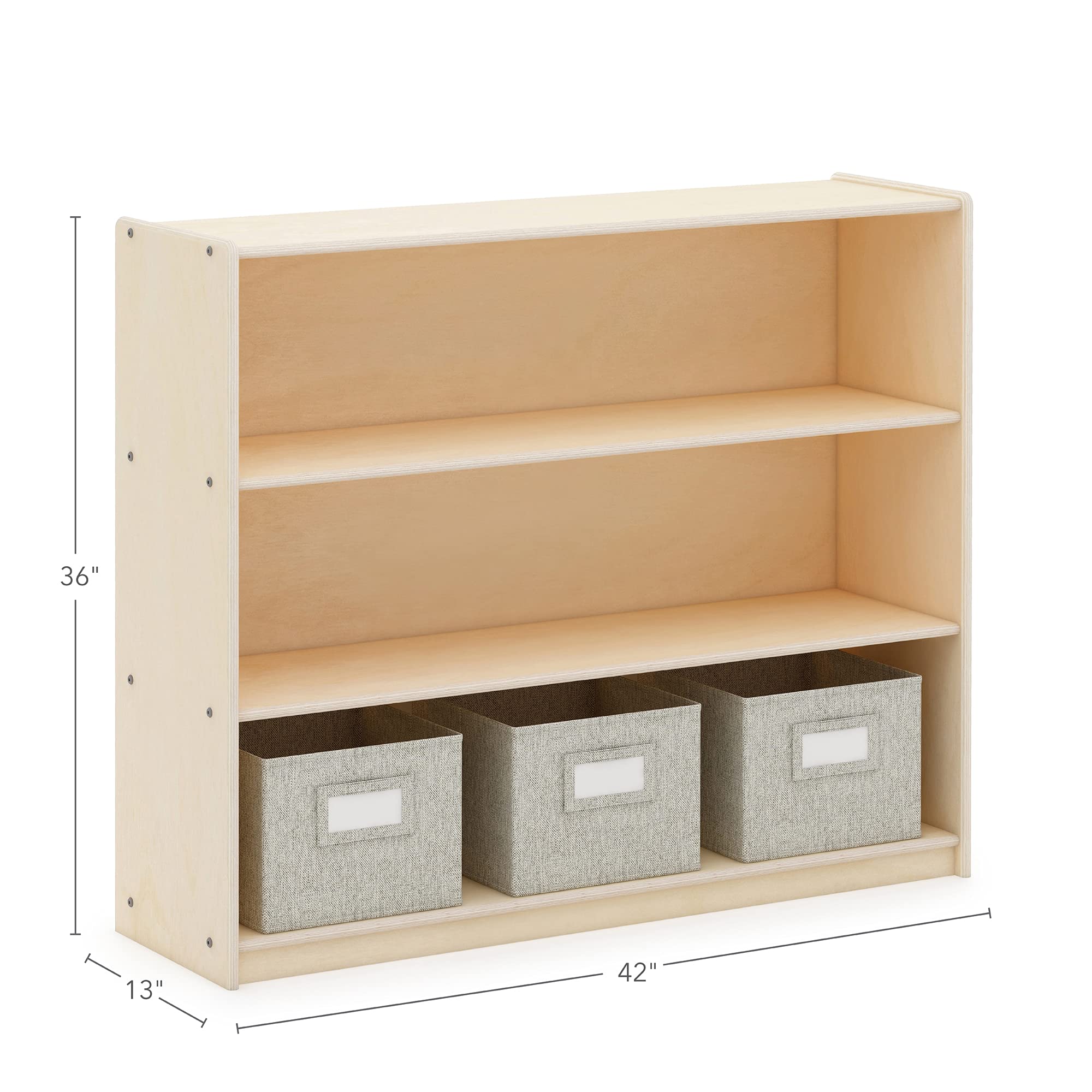 Guidecraft EdQ Three Shelf Open Storage Natural with 3 Fabric Bins: Wooden Kids Bookcases and Toy Storage Organizer; Homeschool and Classroom Furniture