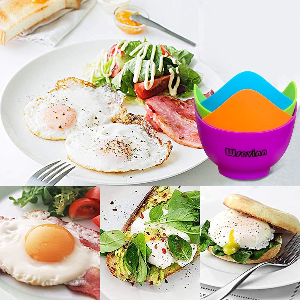 Poached Egg Cooker, Egg Poachers Silicone Egg Poacher Cups with Ring Standers, Non Stick Egg Poaching Cup for Microwave Stovetop Air Fryer Egg Cooking, 4 Pack, Extra Oil Brush Included