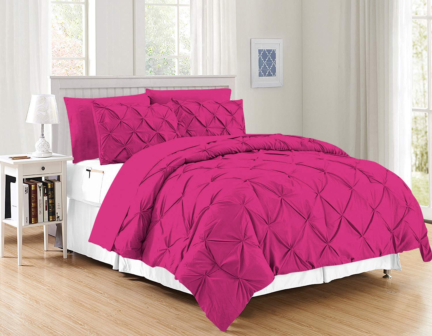 Hot Pink Pintuck Pinch Pleat Pattern Full/Queen Size 100% Cotton 800 TC Duvet Cover Sets Pinch Pleated 3pc Duvet Cover Set Zipper & Corner Ties Rectangle Pattern Decorative Pintuck Pillow Shams