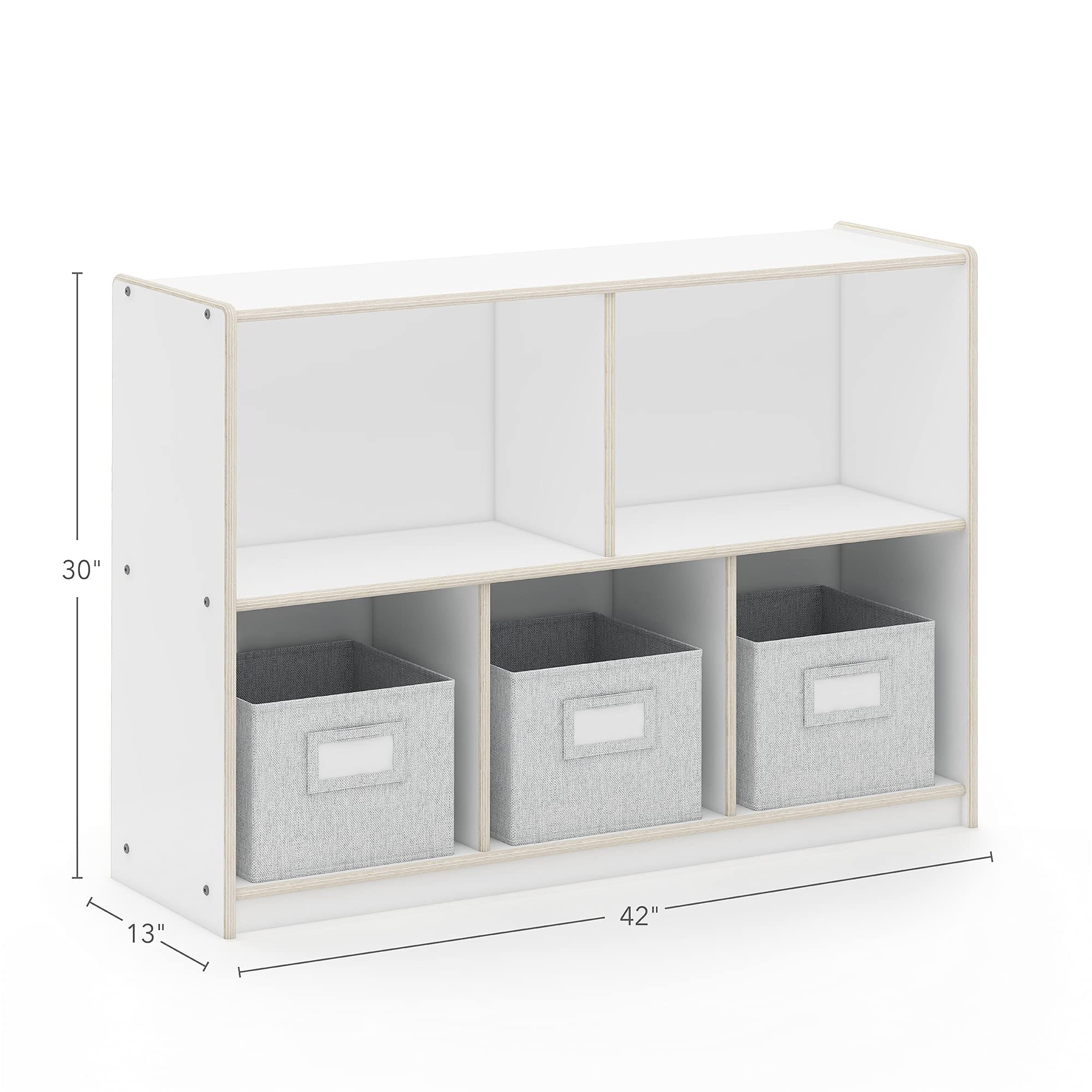 Guidecraft EdQ 5 Compartment Storage 30'' White with Fabric Bins: Wooden Organizer Cabinet for School Supplies and Home | Teacher's Book Cubby and Toy Shelf