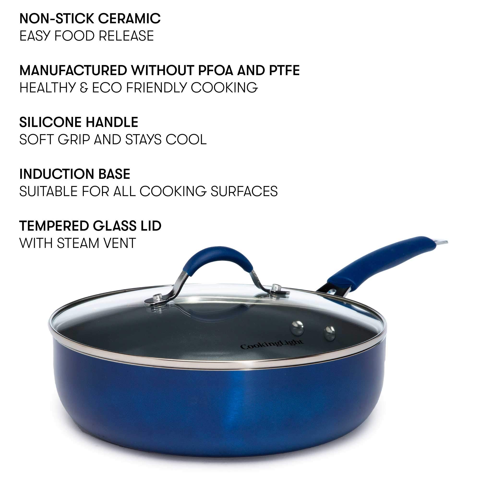 Cooking Light Nonstick Ceramic Deep Cooker, Dishwasher Safe, Scratch Resistant, Easy Food Release Interior, Cool Touch Handle and Even Heating Base, 4-Quart Jumbo Cooker, Blue