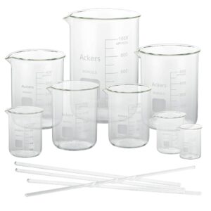 ackers boro3.3,griffin low form scientific glass beaker set-25ml,50ml,100ml,200ml,250ml,400ml,500ml,1000 ml (pack of 8) 丨4 stirring rods