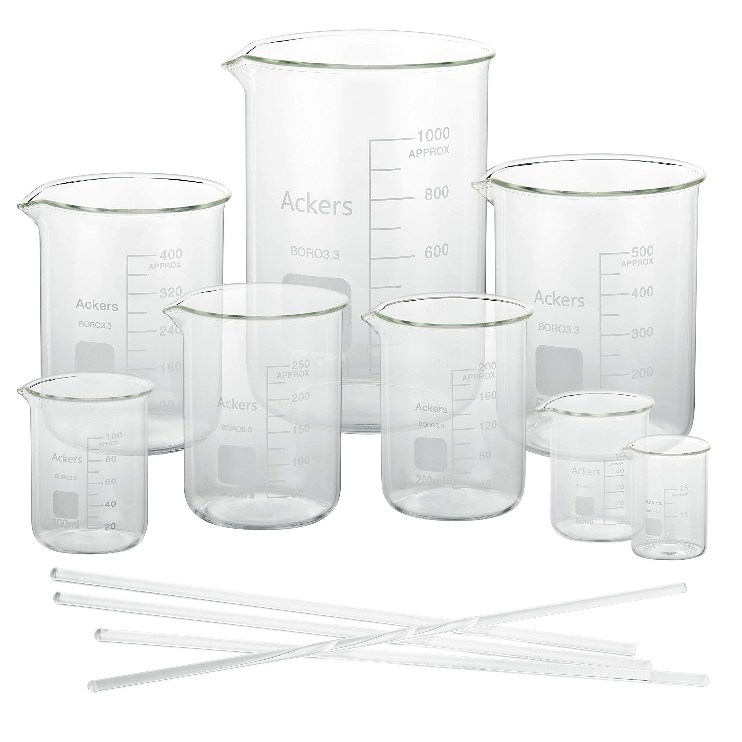 Ackers Boro3.3,Griffin Low Form Scientific Glass Beaker Set-25ml,50ml,100ml,200ml,250ml,400ml,500ml,1000 mL (Pack of 8) 丨4 Stirring Rods