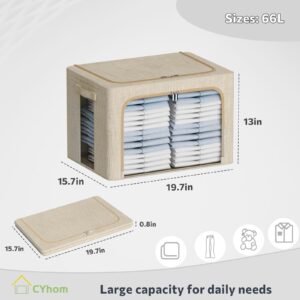 Clothes Storage Bins Box - Linen Fabric Foldable Stackable Container Organizer Set with Clear Window & Carry Handles & Metal Frame - 2Pack Large Capacity for Bedding, Blankets, Books