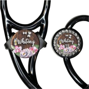 personalized stethoscope name tag for littmann - wood & watercolor floral adjustable steth identification label - you choose tag style and color, custom fonts, design size and decorative frame