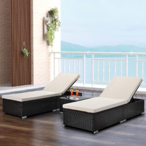 SLEERWAY Outdoor Rattan Chaise Lounge Set with Side Table, Patio Furniture Set Reclining Chair with Cushions and Adjustable Backrest, PE Wicker Chairs for Pool, Garden and Seaside (Set of 3)