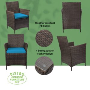 Pyramid Home Decor Alvino Patio Bistro Set 3-Piece Outdoor Wicker Furniture Sets, Modern Rattan Garden Conversation Chair with Thick Cushion and Glass Top Coffee Table (Light Blue)