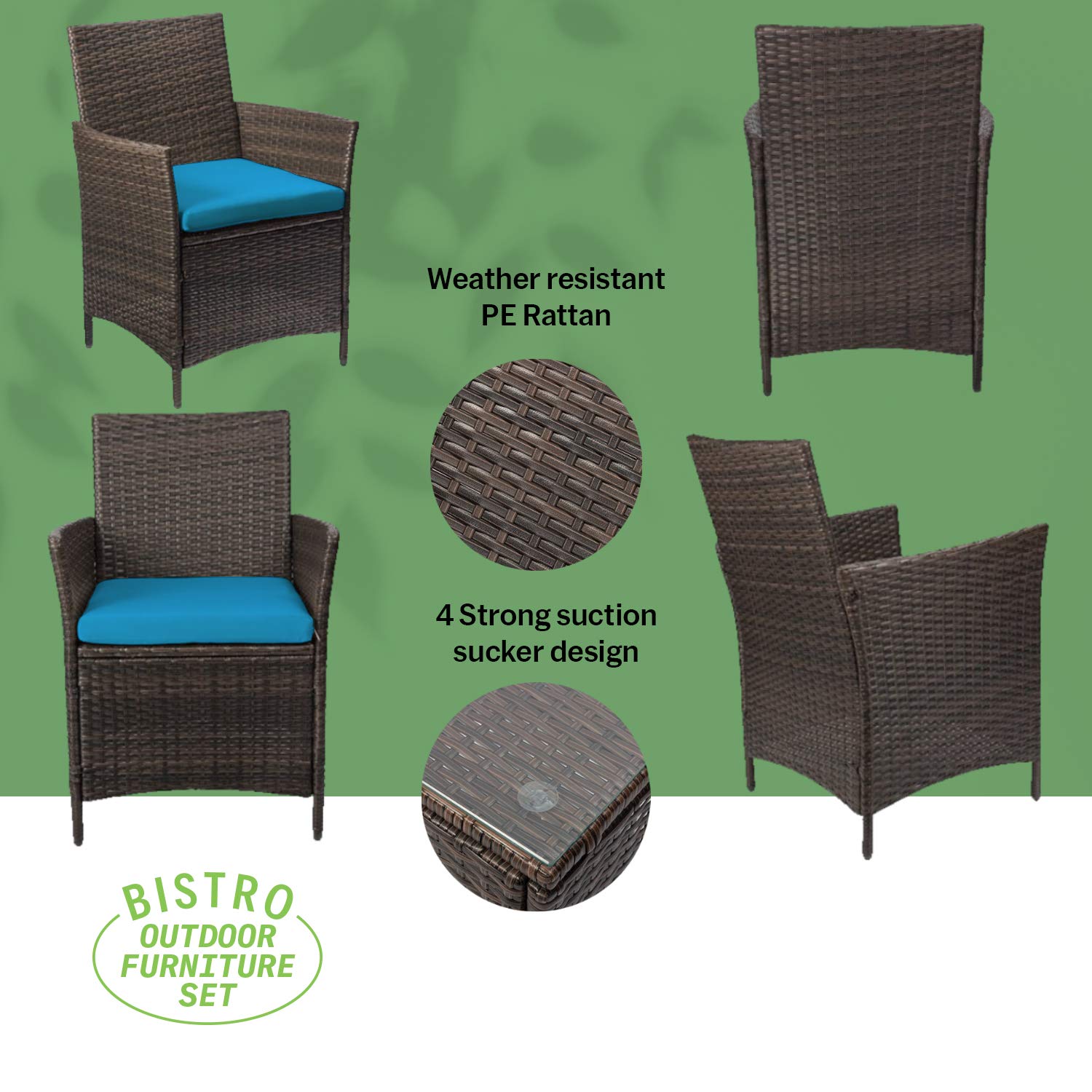 Pyramid Home Decor Alvino Patio Bistro Set 3-Piece Outdoor Wicker Furniture Sets, Modern Rattan Garden Conversation Chair with Thick Cushion and Glass Top Coffee Table (Light Blue)