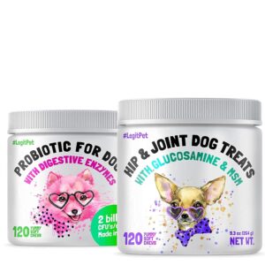 legitpet hemp hip & joint supplement for dogs and probiotics for dogs with natural digestive enzymes 120 + 120 soft chews bundle - natural pain relief and mobility - anti diarrhea - made in usa