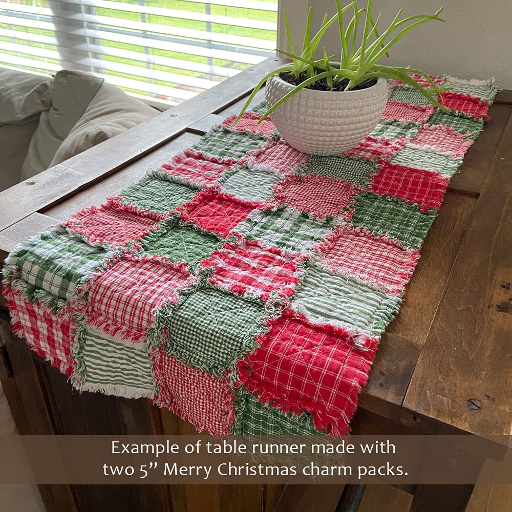 40+ Merry Christmas Charm Pack Red Green White, 5 inch Precut Cotton Homespun Fabric Squares by JCS