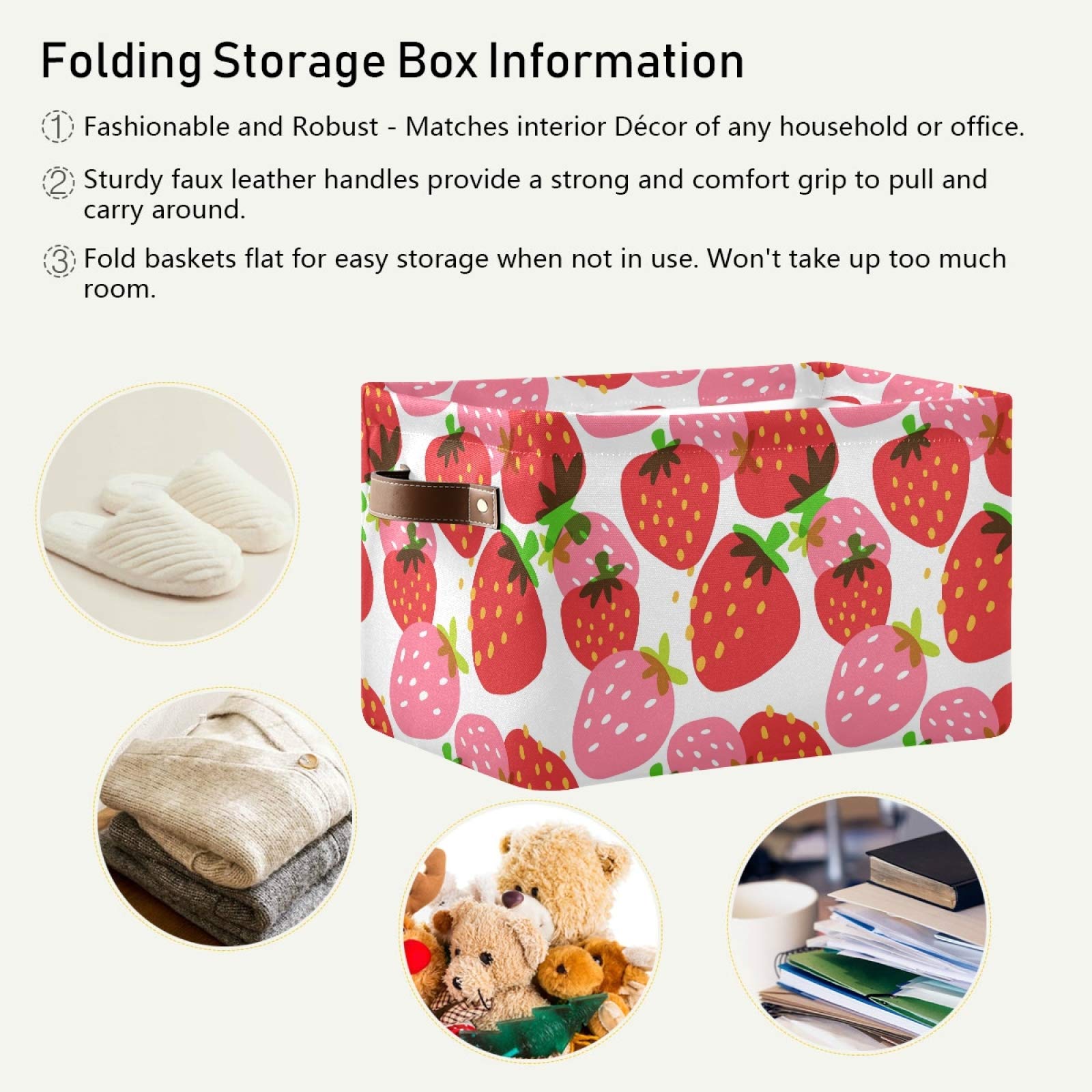 susiyo Large Foldable Storage Bin Cute Cartoon Strawberry Fabric Storage Baskets Collapsible Decorative Baskets Organizing Basket Bin with PU Handles for Shelves Home Closet Bedroom Living Room-2Pack