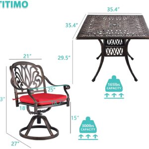 TITIMO 5-Piece Outdoor Dining Patio Set, All-Weather Cast Aluminum Furniture Set Includes 4 Swivel Rocker Chairs with Cushions and 35.4" Square Table with Umbrella Hole for Yard Garden Deck (Red)