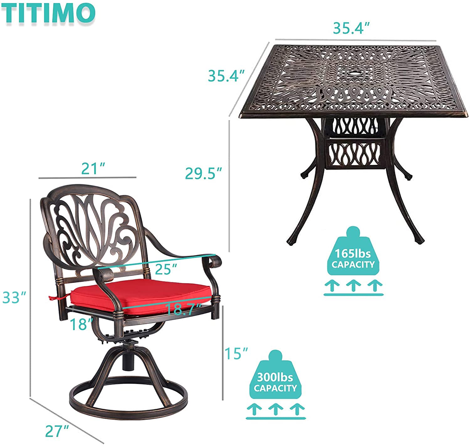 TITIMO 5-Piece Outdoor Dining Patio Set, All-Weather Cast Aluminum Furniture Set Includes 4 Swivel Rocker Chairs with Cushions and 35.4" Square Table with Umbrella Hole for Yard Garden Deck (Red)