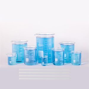 Ackers Boro3.3,Griffin Low Form Scientific Glass Beaker Set-25ml,50ml,100ml,200ml,250ml,400ml,500ml,1000 mL (Pack of 8) 丨4 Stirring Rods