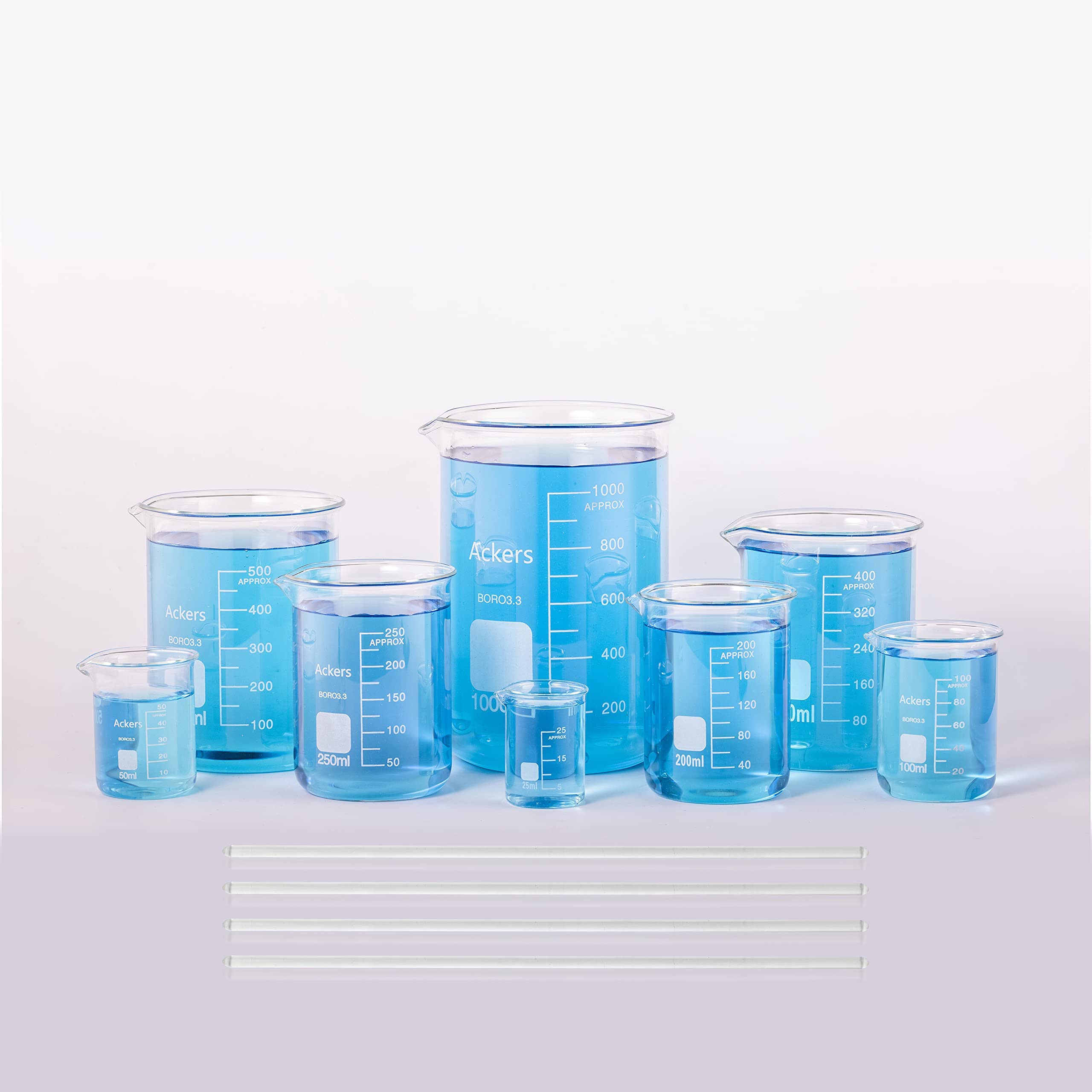 Ackers Boro3.3,Griffin Low Form Scientific Glass Beaker Set-25ml,50ml,100ml,200ml,250ml,400ml,500ml,1000 mL (Pack of 8) 丨4 Stirring Rods