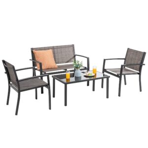 vongrasig 4 pieces patio furniture sets, small modern metal textilene outdoor furniture conversation sets, lawn garden porch balcony mesh bistro set backyard patio set w/loveseat&glass table (taupe)