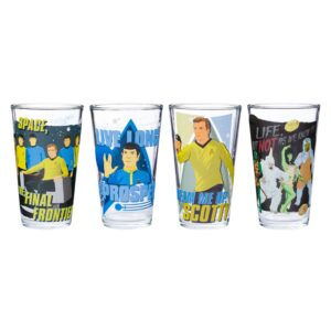 silver buffalo star trek quotes kirk, spock, mccoy, and uhura 4pc pint glass set, 16 ounces