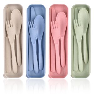 4pcs travel utensils with case, wheat straw reusable utensils set with case, portable travel cutlery set for picnic camping daily use