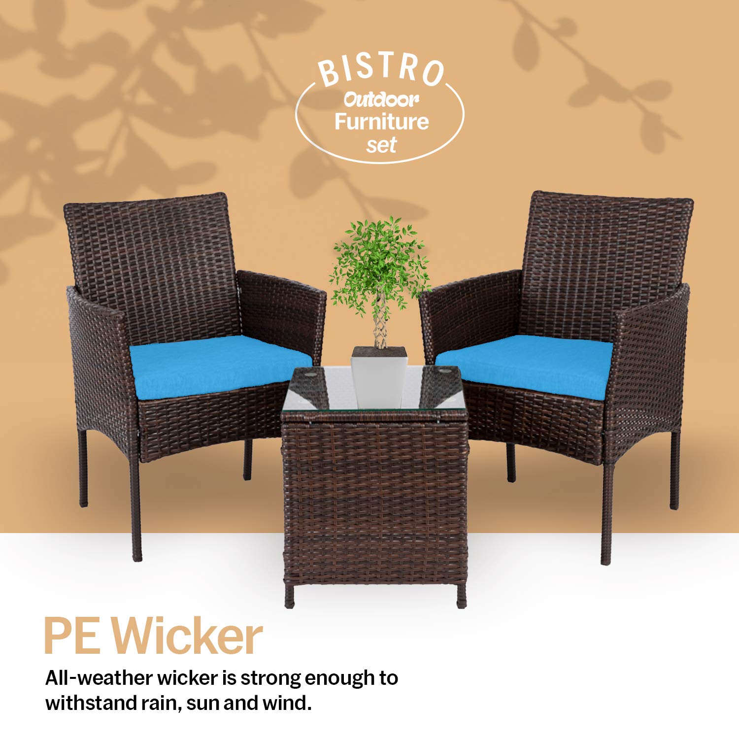 Pyramid Home Decor Alvino Patio Bistro Set 3-Piece Outdoor Wicker Furniture Sets, Modern Rattan Garden Conversation Chair with Thick Cushion and Glass Top Coffee Table (Light Blue)