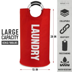 Zulay Home 82L Large Heavy Duty Laundry Basket Collapsible - Non-Slip Padded Laundry Bag With Handles - Waterproof Collapsible Laundry Baskets & Laundry Hampers For Bedroom, Dorm, Travel (Red)