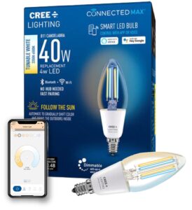 cree connected max smart led vintage glass filament bulb b11 candelabra 40w tunable white, 2.4 ghz, works with alexa and google home, no hub required, bluetooth + wifi, 1pk (cmb11-40w-al-9tw-gl)