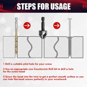 wesleydrill 5 pcs Countersink Drill Bit Set，82 Degree Counter Sink， Fit for Sink Holes into Most Machinable Metals, Plywood, Softwood, Hardwood, Fiberglass Plastic, Mild Steel