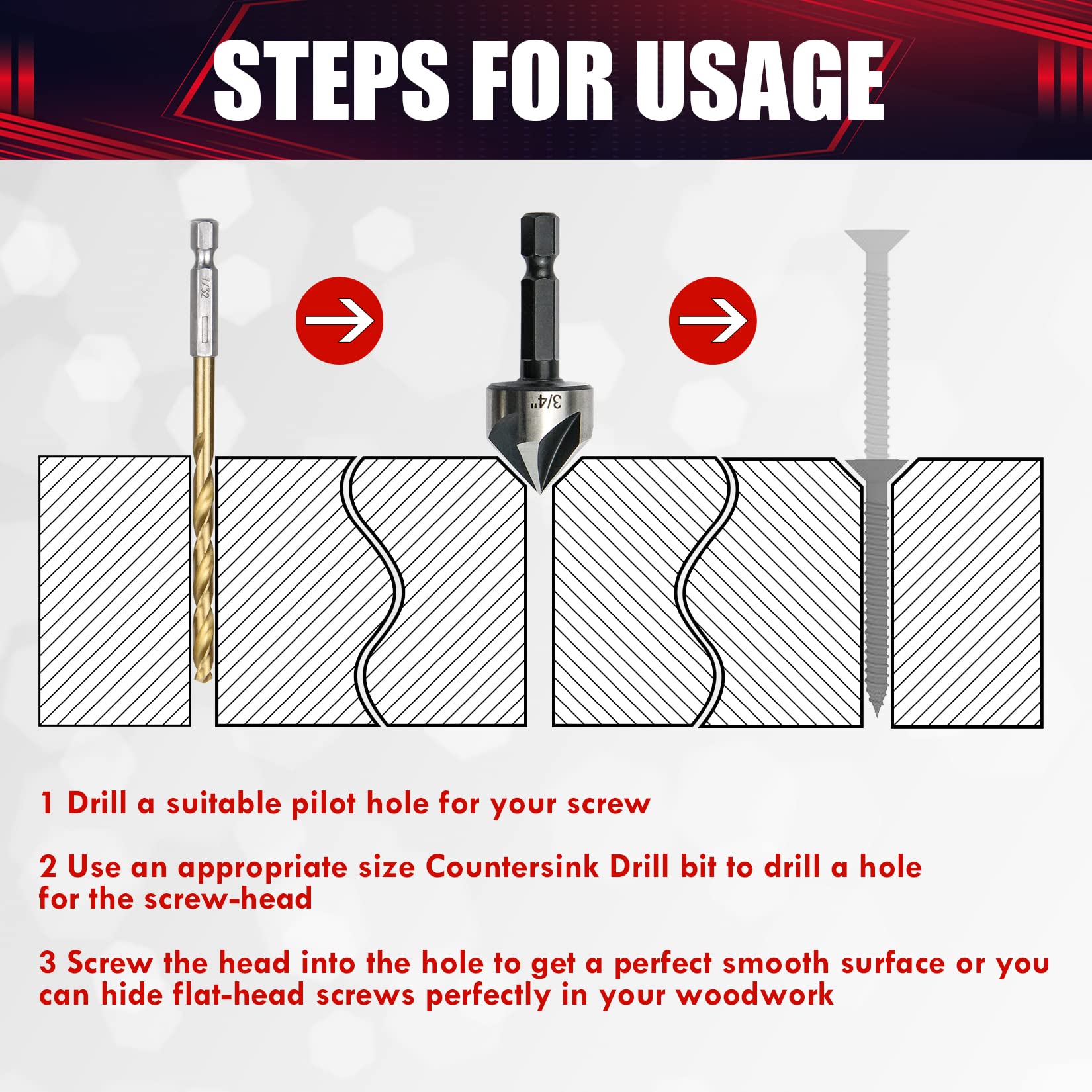 wesleydrill 5 pcs Countersink Drill Bit Set，82 Degree Counter Sink， Fit for Sink Holes into Most Machinable Metals, Plywood, Softwood, Hardwood, Fiberglass Plastic, Mild Steel